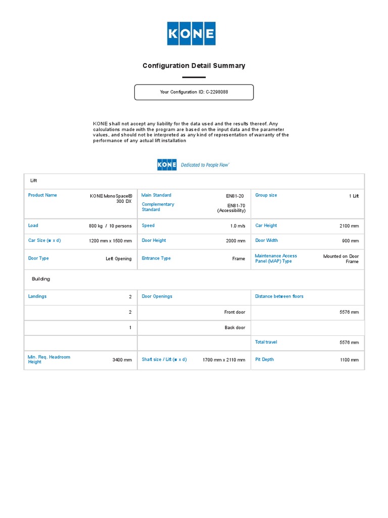 C-2298088 - KONE Elevator Configuration Summary | PDF | Elevator | Door