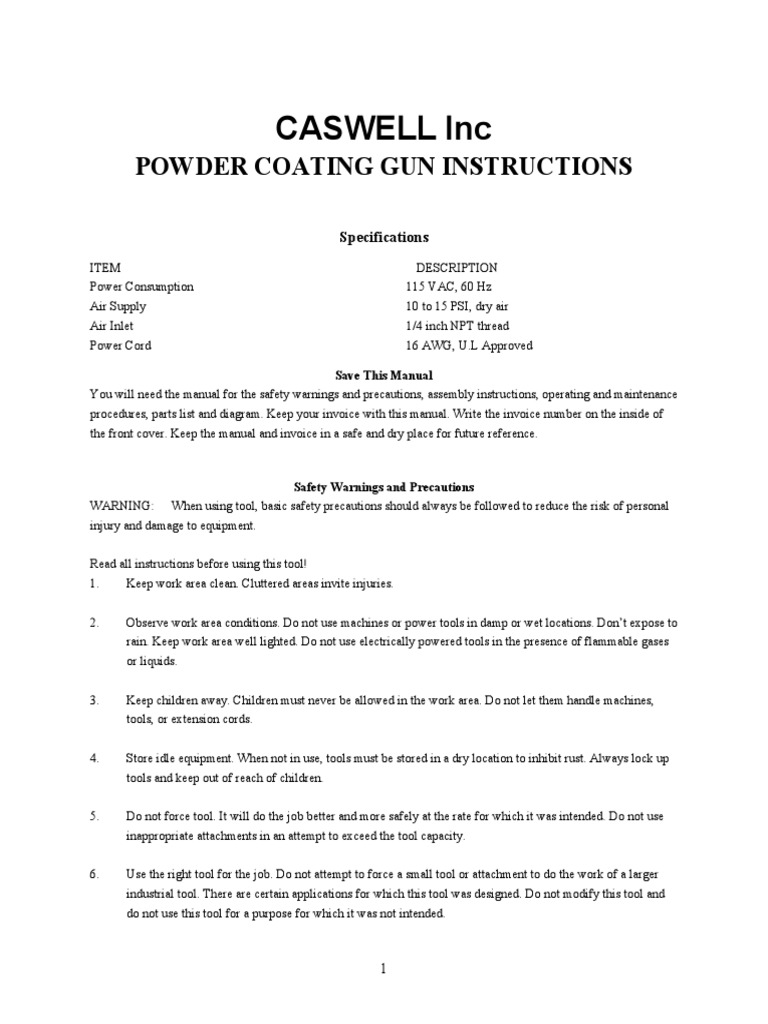 Caswell, Inc - Plating Manual - Powder Coating Gun Instructions | PDF ...