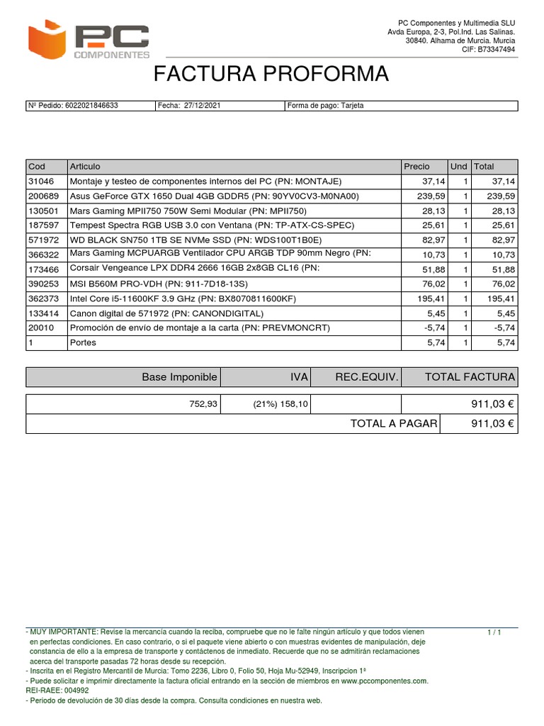 Factura Proforma: Base Imponible IVA Rec - Equiv. Total Factura 911,03 ...