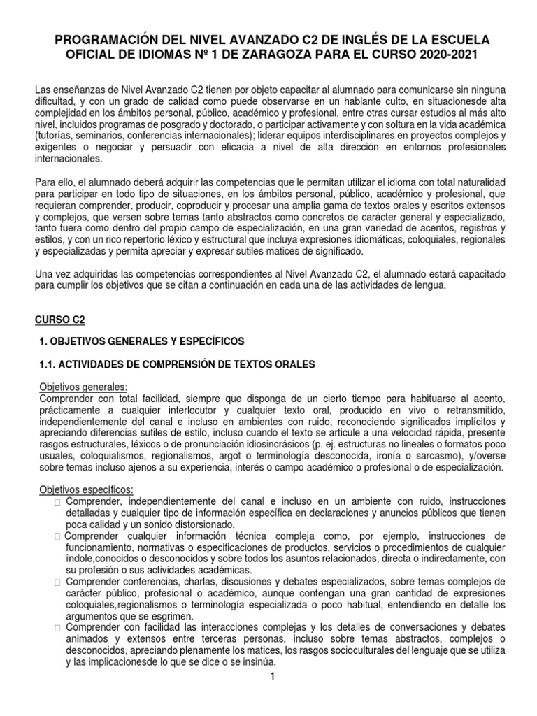 Programación C2 Inglés Zaragoza 2020-2021 | PDF | Evaluación | Aprendizaje