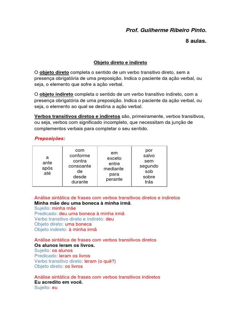 Gramática - Objeto Direto e Indireto | PDF | Objeto (gramática) | Assunto (gramática)