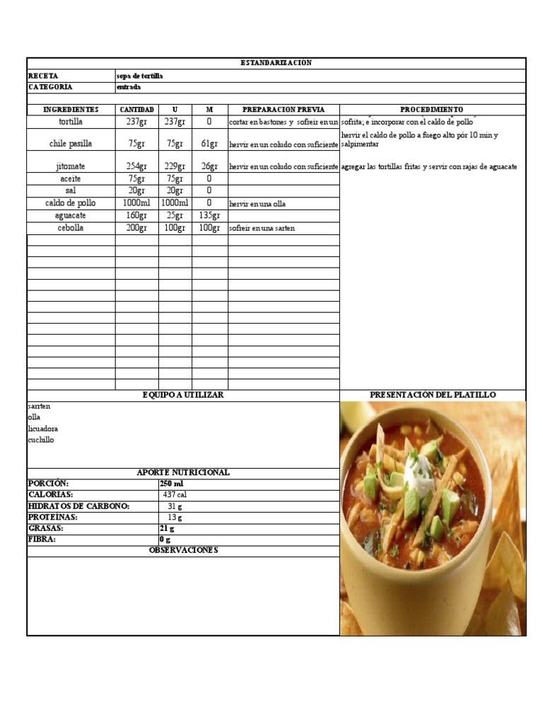 Formato Receta Estandar | PDF | Cocina | Alimentos