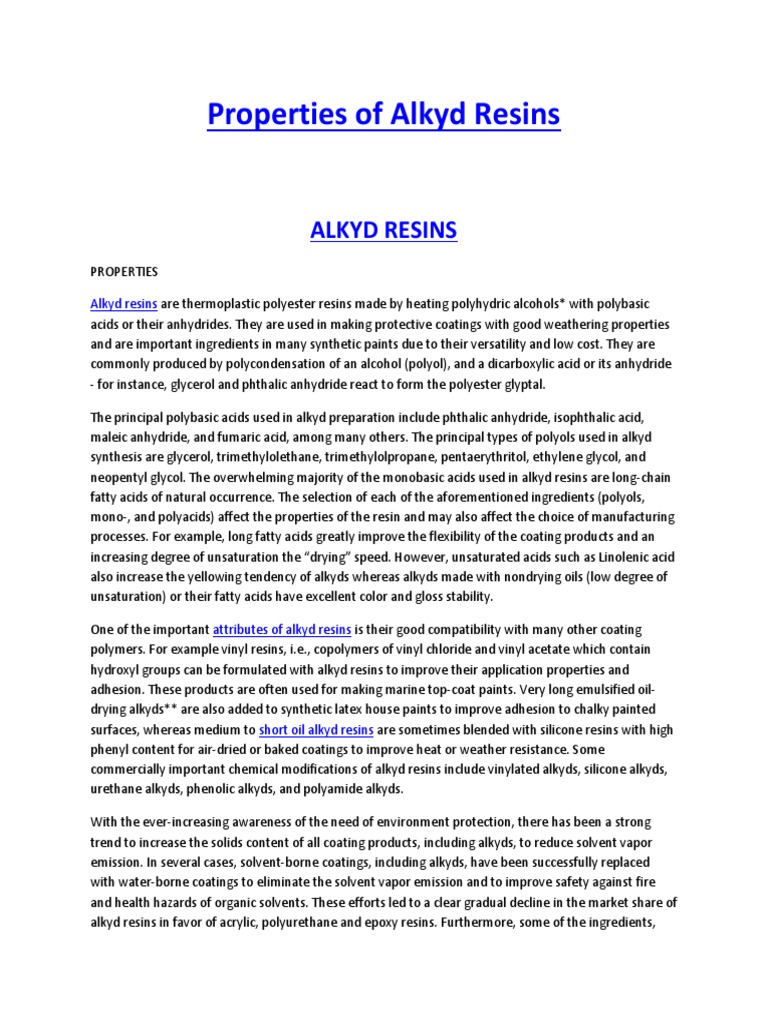 Properties and Applications of Alkyd Resins | PDF | Paint | Varnish