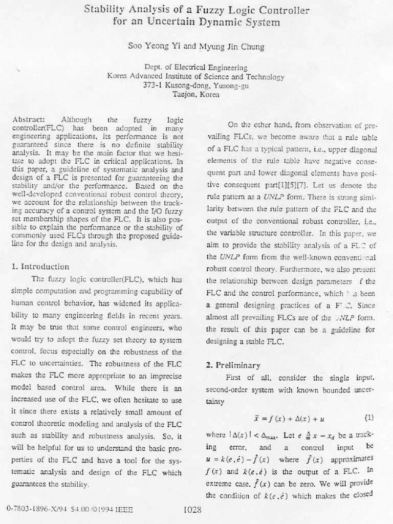Stability Analysis of A Fuzzy Logic Controller For An Uncertain Dynamic System | PDF