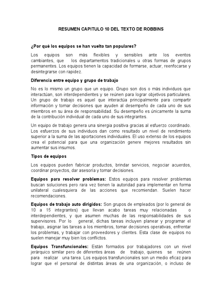 Tarea 1-Resumen Capitulo 10 Del Texto de Robbins | PDF | Grupo de trabajo | Internet