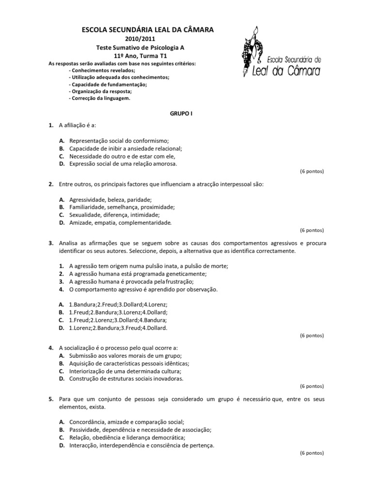 1º - 3P Teste PSI - 11ºT1 | PDF | Agressão | Sigmund Freud