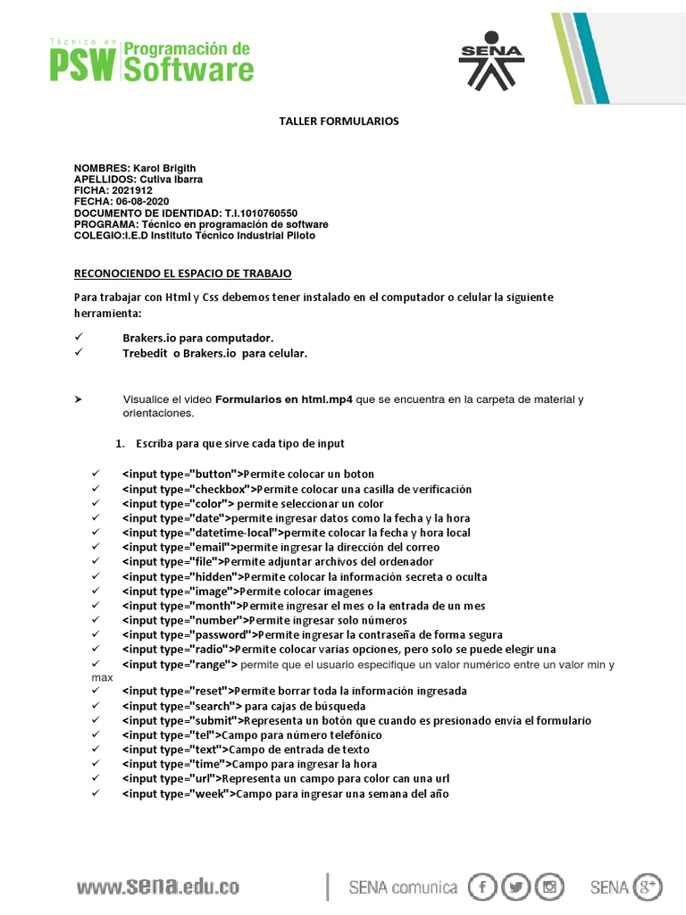 Taller Formularios HTML | PDF | HTML | Internet