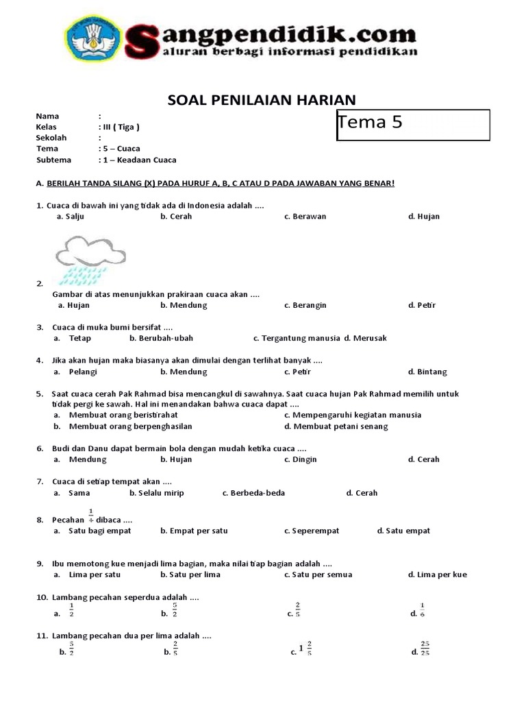 Soal Tematik Kelas 3 SD Tema 5 Cuaca Subtema 1 Ok | PDF