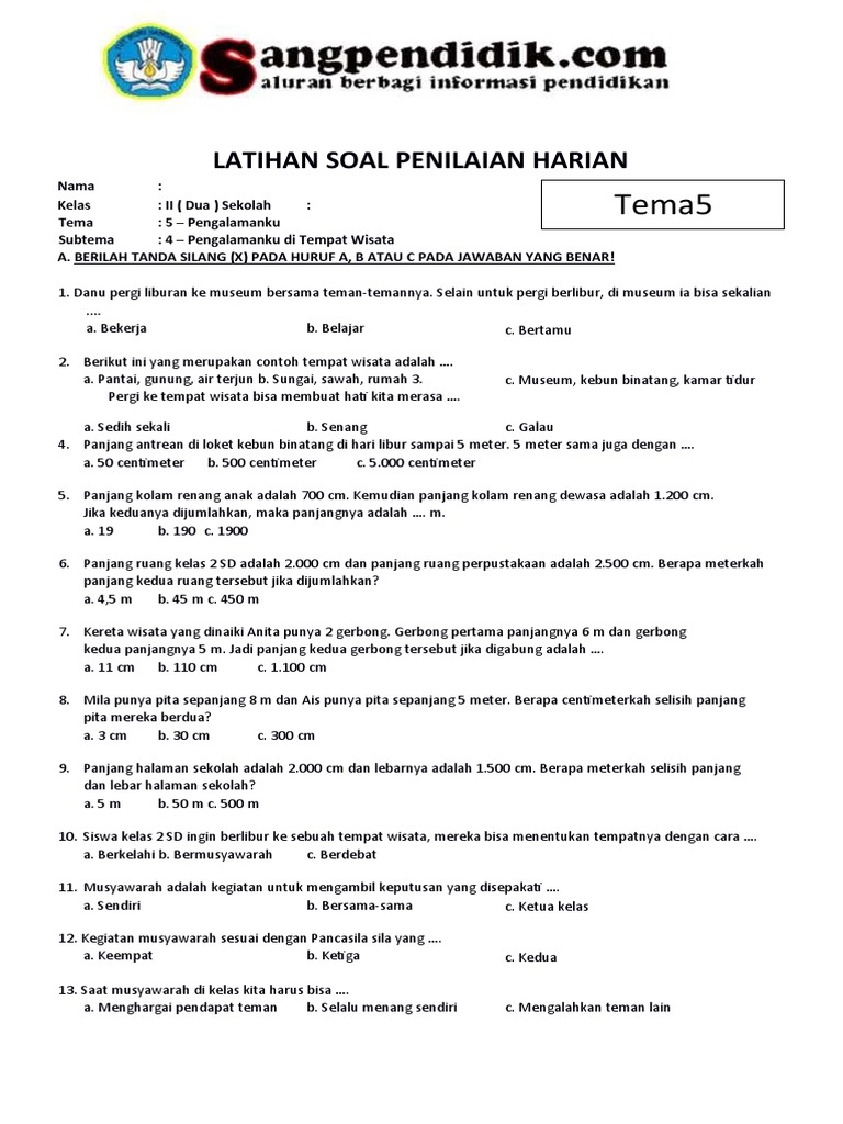 Soal Tematik Kelas 2 SD Tema 5 Subtema 4 Pengalaman Di Tempat Wisata Dan Kunci Jawaban | PDF