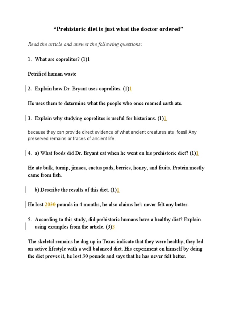 Prehistoric Diet - Question Sheet | PDF