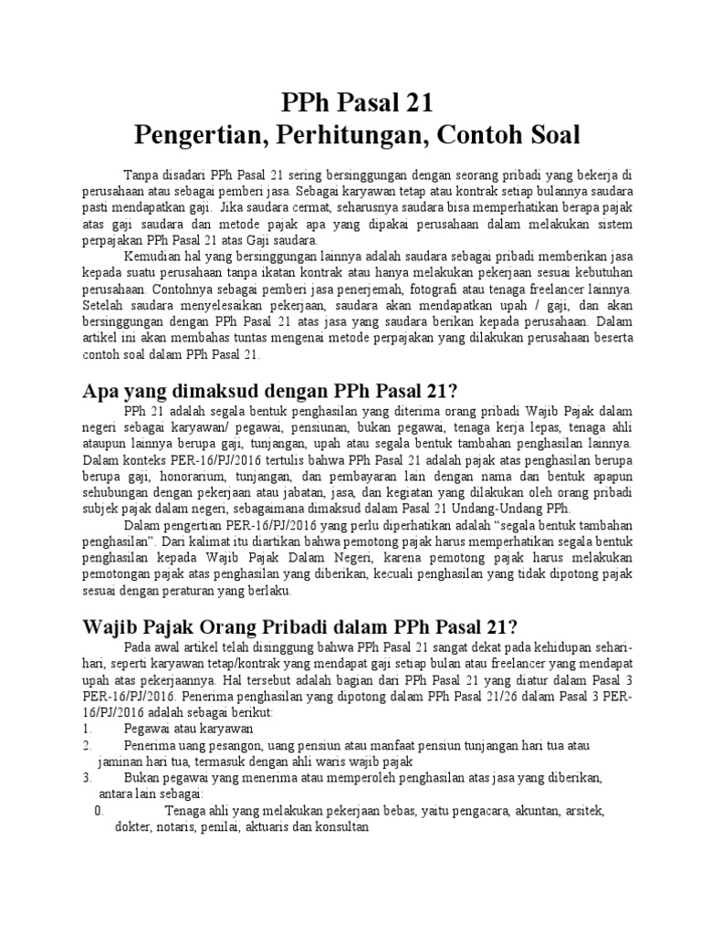 01 PPH Pasal 21 Pengertian Perhitungan Dan Contoh Soal | PDF
