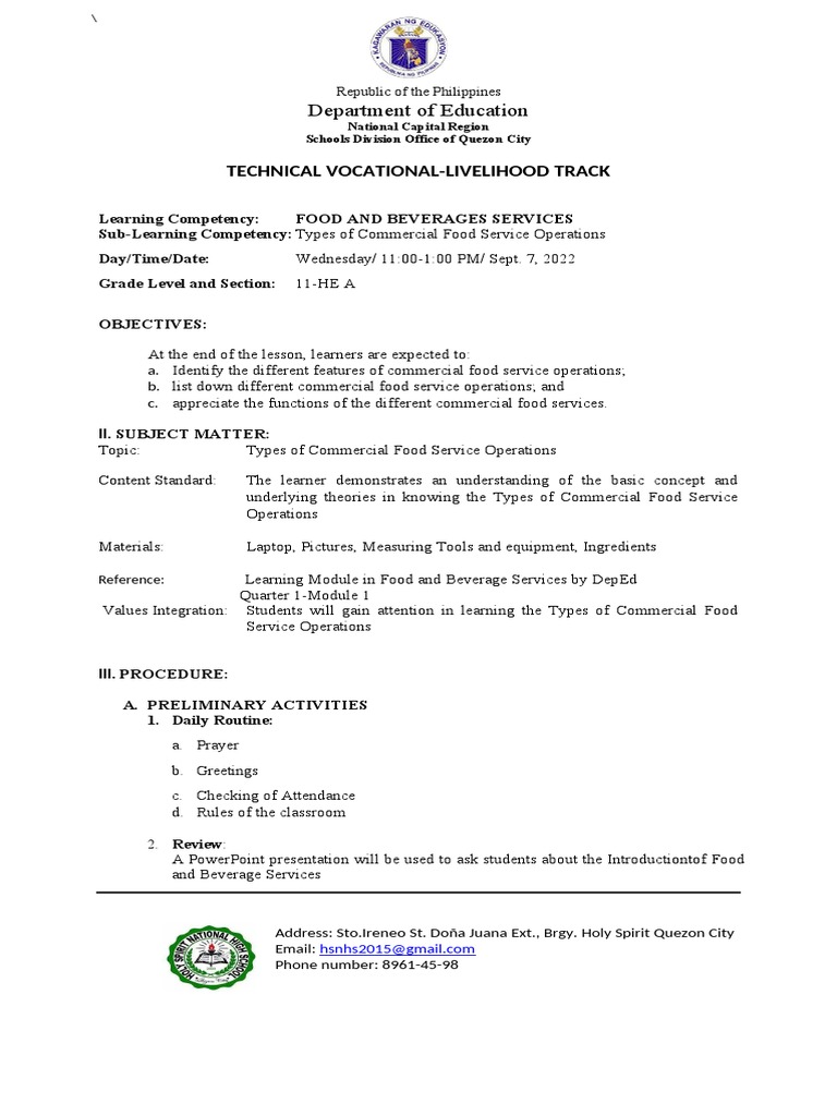 LESSON PLAN FOR FBS MODULE 1 Day 1 | PDF | Restaurants | Foods