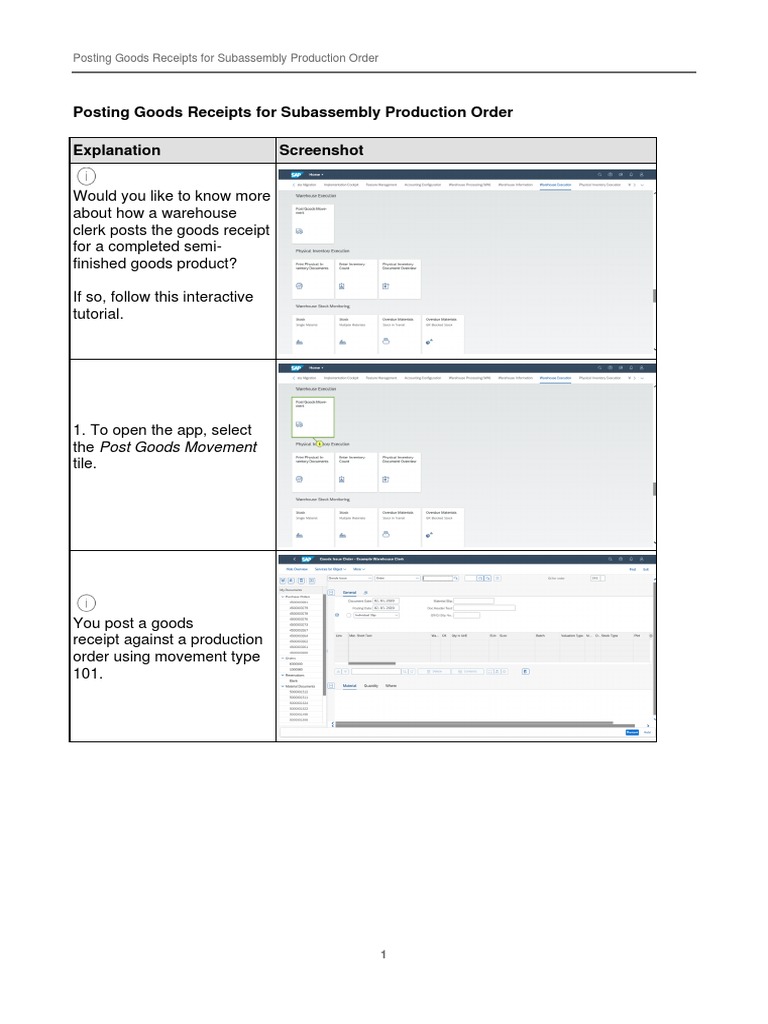 Bj5 Nro9 Posting Goods Receipts For Subassembly Production Order Pdf Computing Software