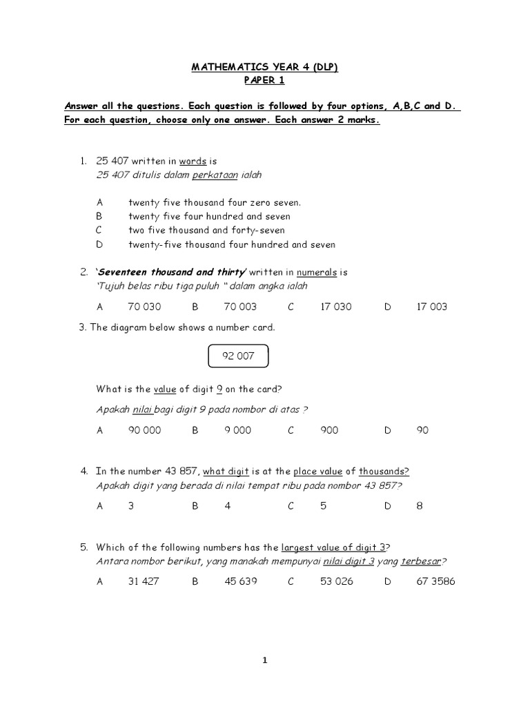 UPT Matematik Tahun 4 K1 K2 | Download Free PDF | Mathematics ...