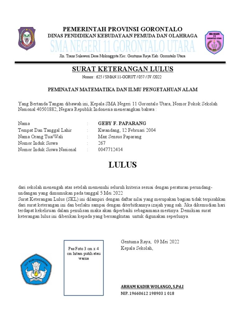 Surat Keterangan Lulus Terbaru | PDF