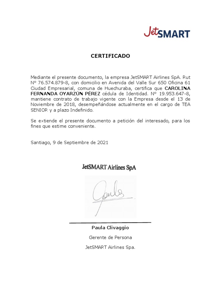 Certificado de empleo de Carolina Fernanda Oyarzún Pérez en JetSMART ...