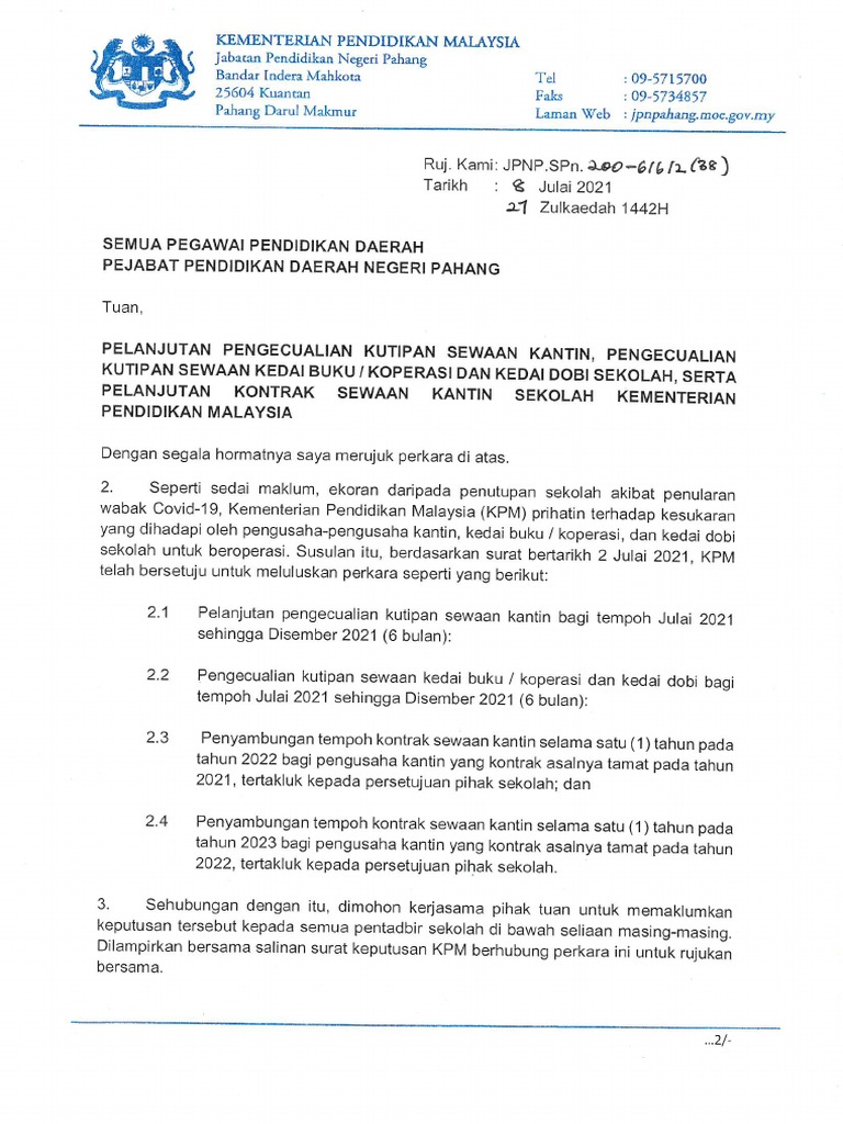 Surat Pelanjutan Pengecualian Sewaan Kantin Koperasi Dobi Sekolah | PDF