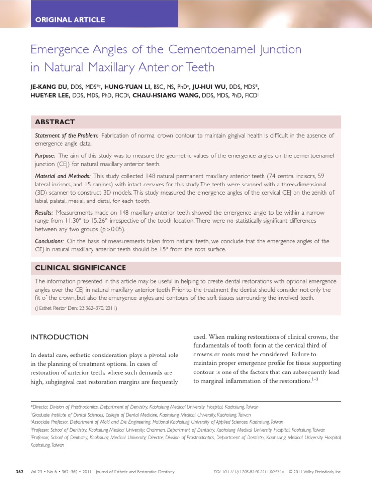 Emergence Angles of The Cej in Natural Max Ant Teeth | PDF | Dental ...