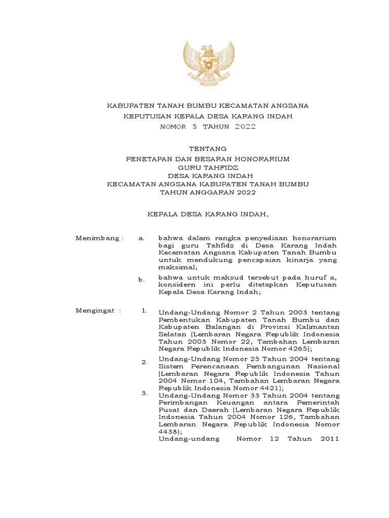 Sk No 5 Penetapan Dan Besaran Honorarium Guru Tahfidz Pdf