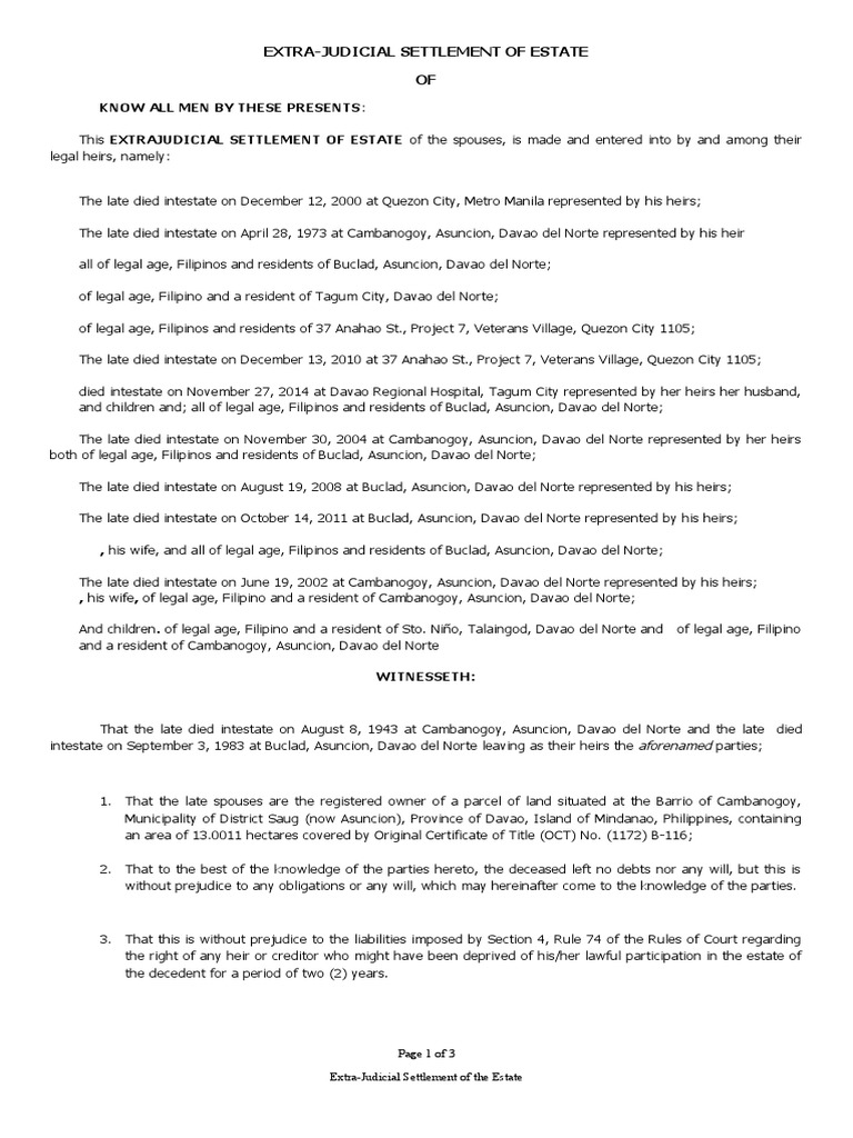 Extra Judicial Settlement | PDF | Intestacy | Civil Law (Common Law)