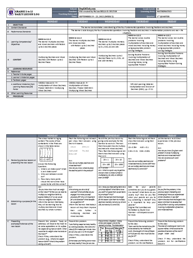 DLL Mathematics 6 q1 w5 | PDF | Multiplication | Learning