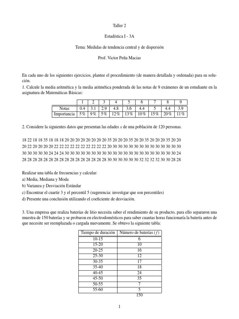 Talller Unidad 2 Estadistica 3A | PDF | Desviación Estándar | Estadísticas