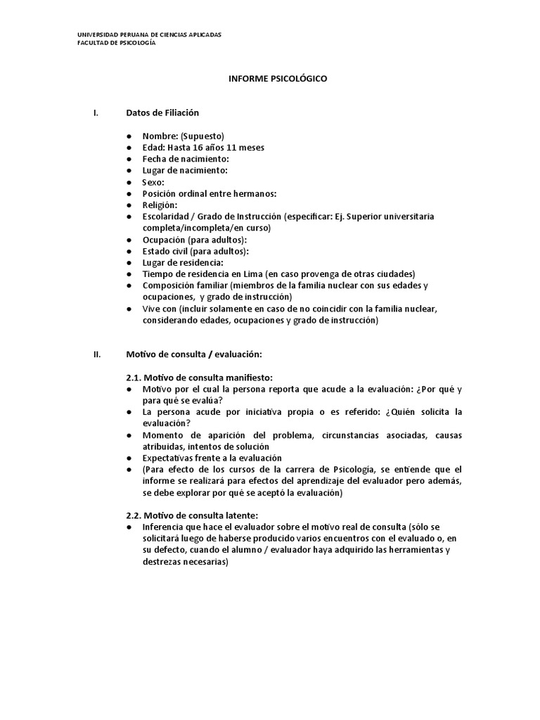 Modelo De Informe Psicológico Pdf Trastorno Mental Sicología 8789