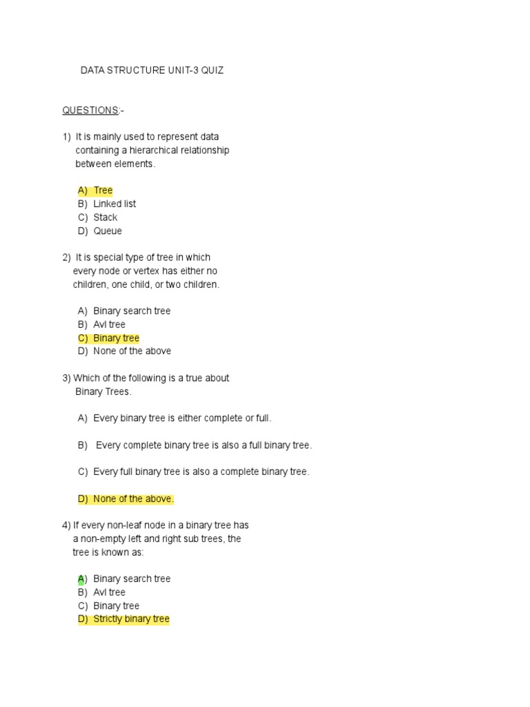 Data Structure Unit-3 Quiz | PDF | Algorithms And Data Structures | Theoretical Computer Science