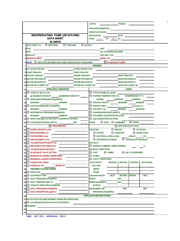 Api 674 Pump Data Sheet | PDF | Pump | Valve