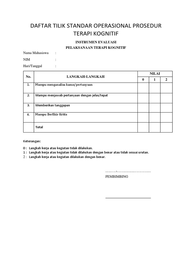 Daftar Tilik Standar Operasional Prosedur Terapi Kognitif | PDF