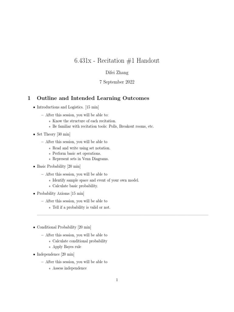 6431 Recitations 01 | PDF | Probability | Applied Mathematics