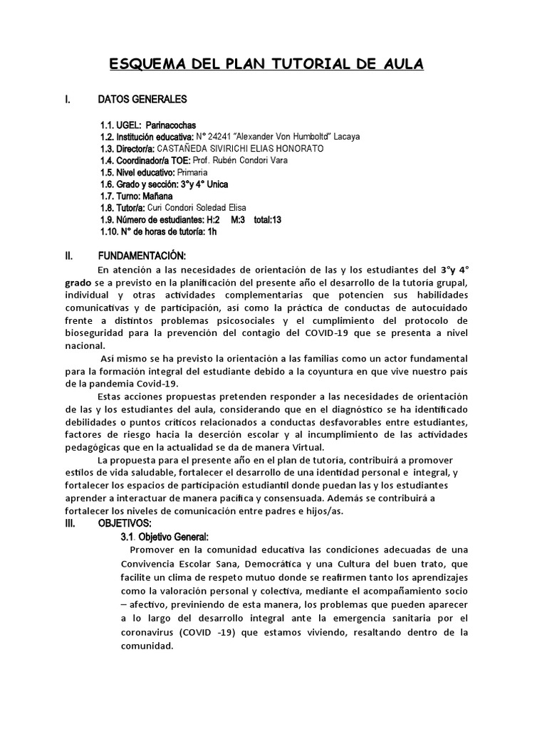 PLAN TUTORIAL DE AULA 3 y 4 Grado. 24241. | Descargar gratis PDF ...