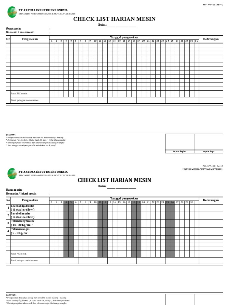 Checklist Harian Perawatan Mesin | PDF