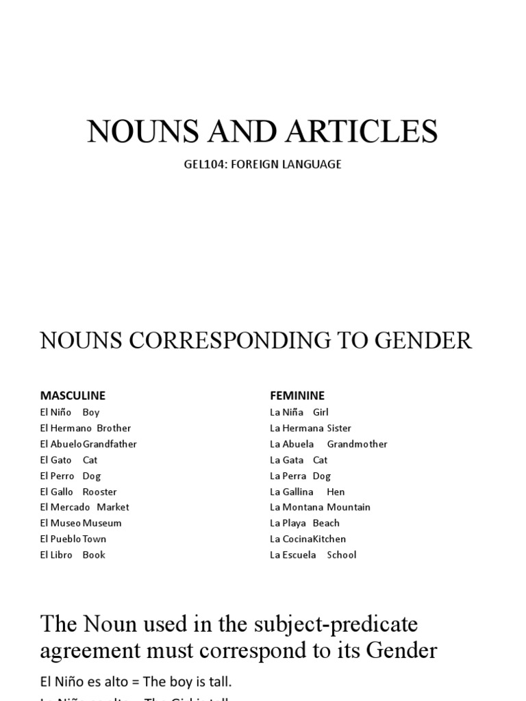 Gel104 Spanish Nouns and Articles | PDF | Grammatical Gender | Linguistics
