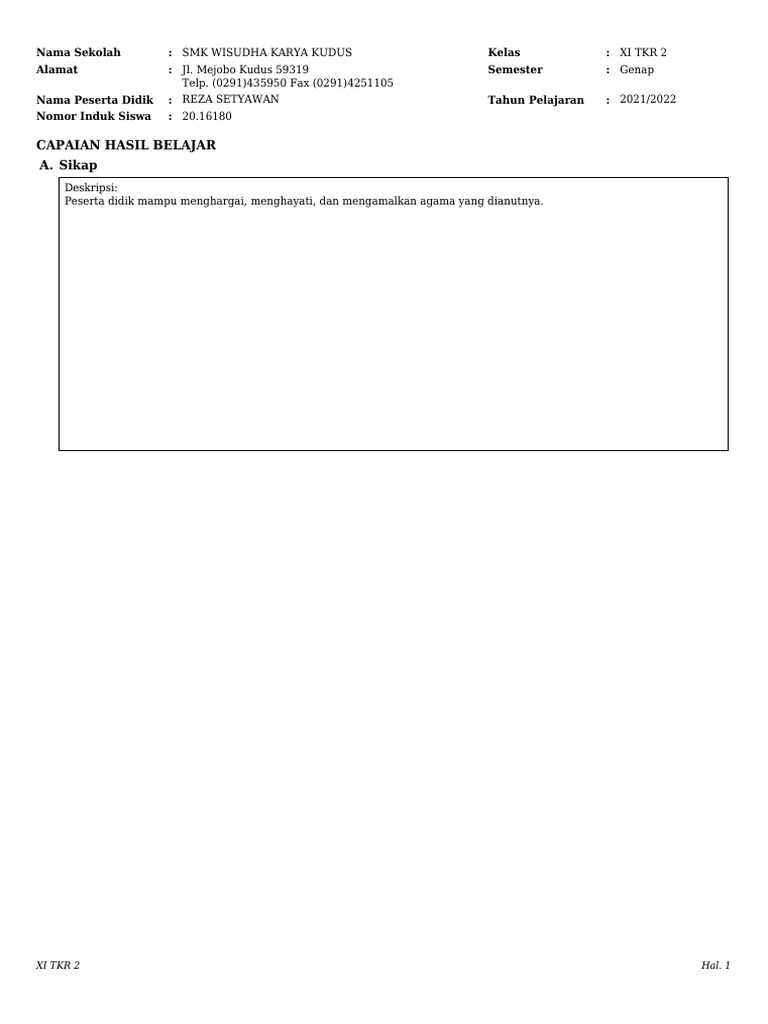 Rapor REZA-SETYAWAN XI-TKR-2 2016180 20212022-Genap | PDF