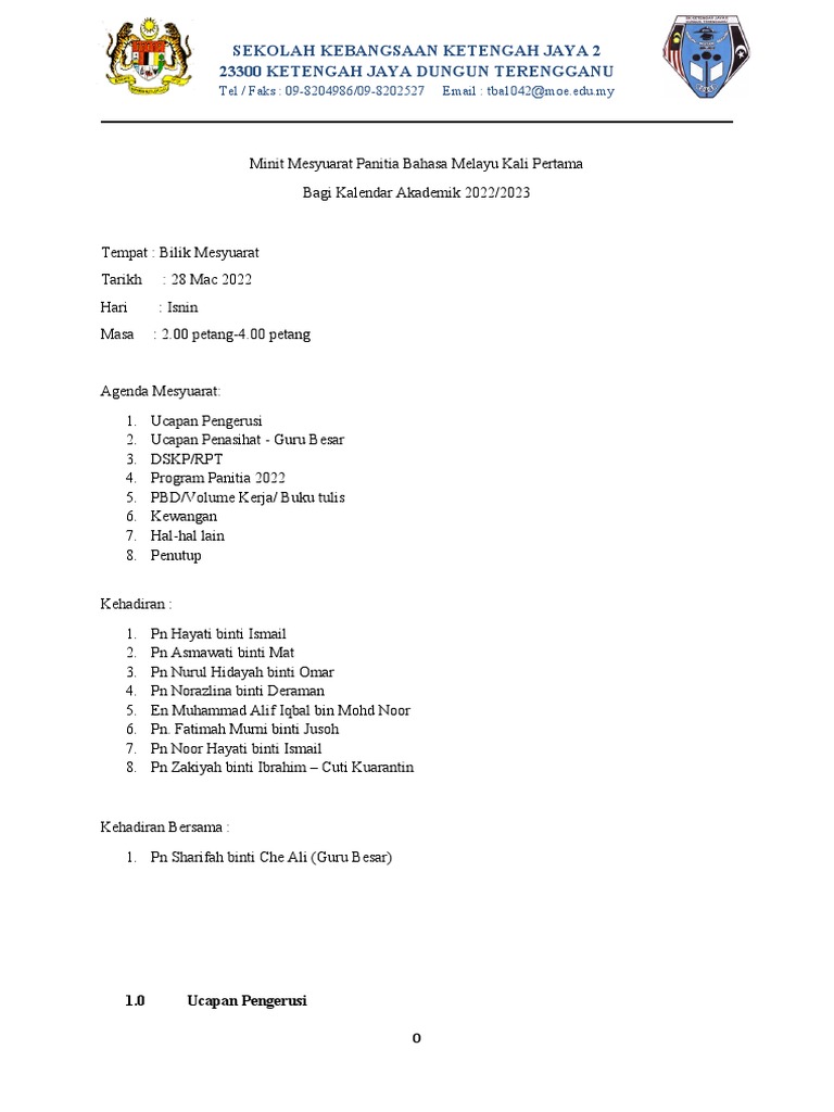Contoh Minit Mesyuarat Bahasa Melayu Terkini | PDF