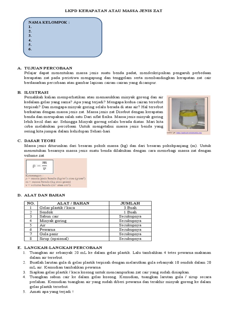 LKPD Kerapatan Zat Kelas 7 | PDF | Memasak, Makanan, & Anggur