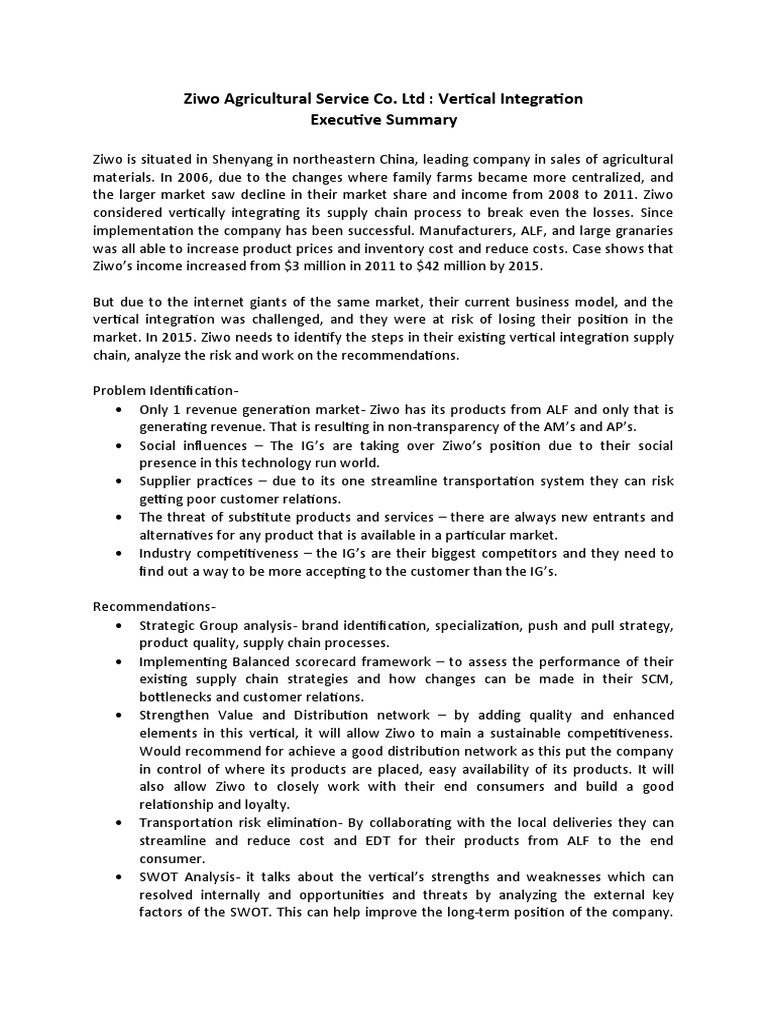 Ziwo's Vertical Integration Strategy | PDF | Supply Chain | Swot Analysis