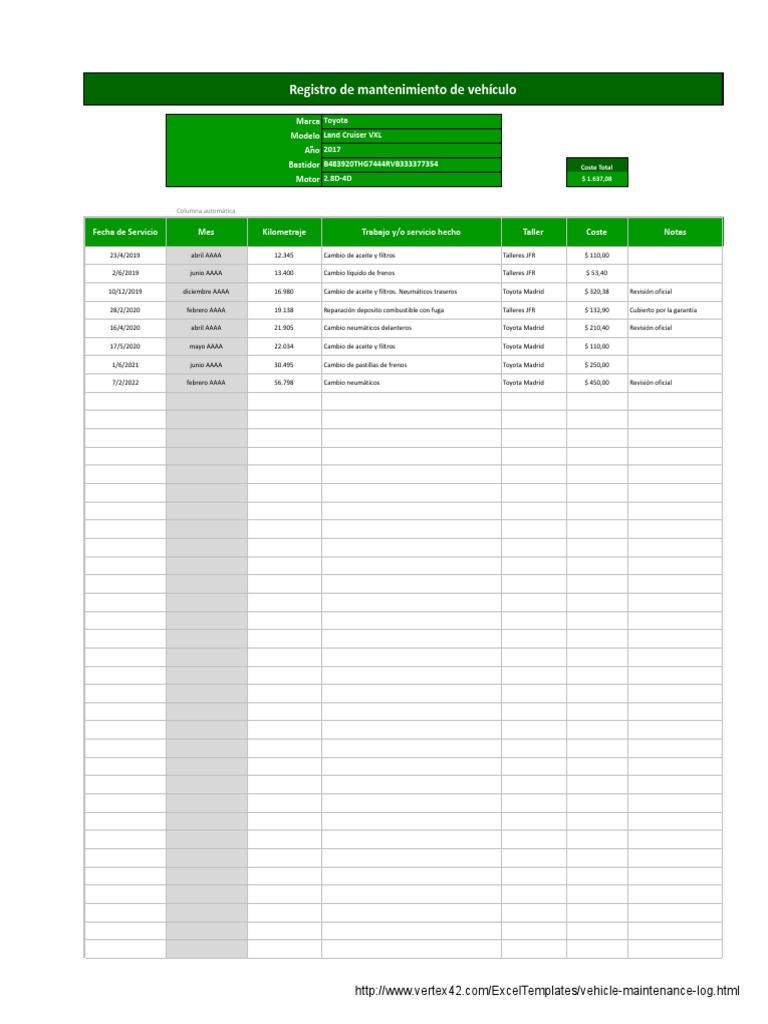 Plantilla Excel Mantenimiento Vehiculos - XLSX Mantenimiento de ...
