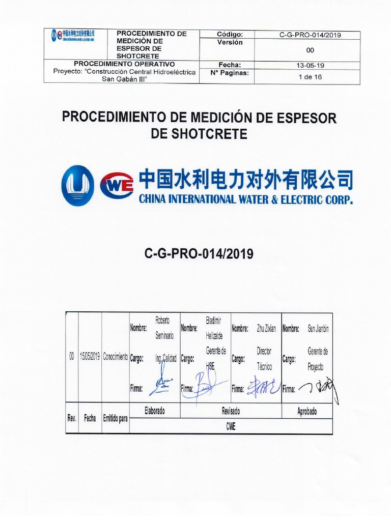 CG - Pro - 014 - 2019 - Rev.0 - Control de Espesor de Shotcrete | PDF | Perforación | Hormigón