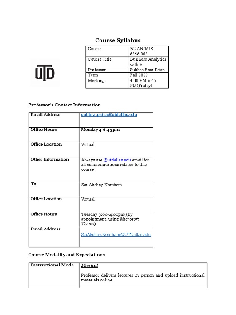 Course Syllabus - BUAN 6356.003 | PDF | Academic Dishonesty | Educational Technology