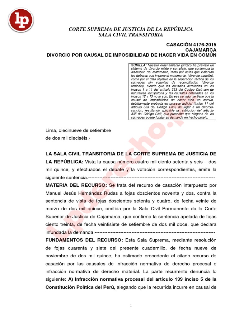 Casacion 4176 2015 Cajamarca LP | PDF | Divorcio | Sentencia (ley)