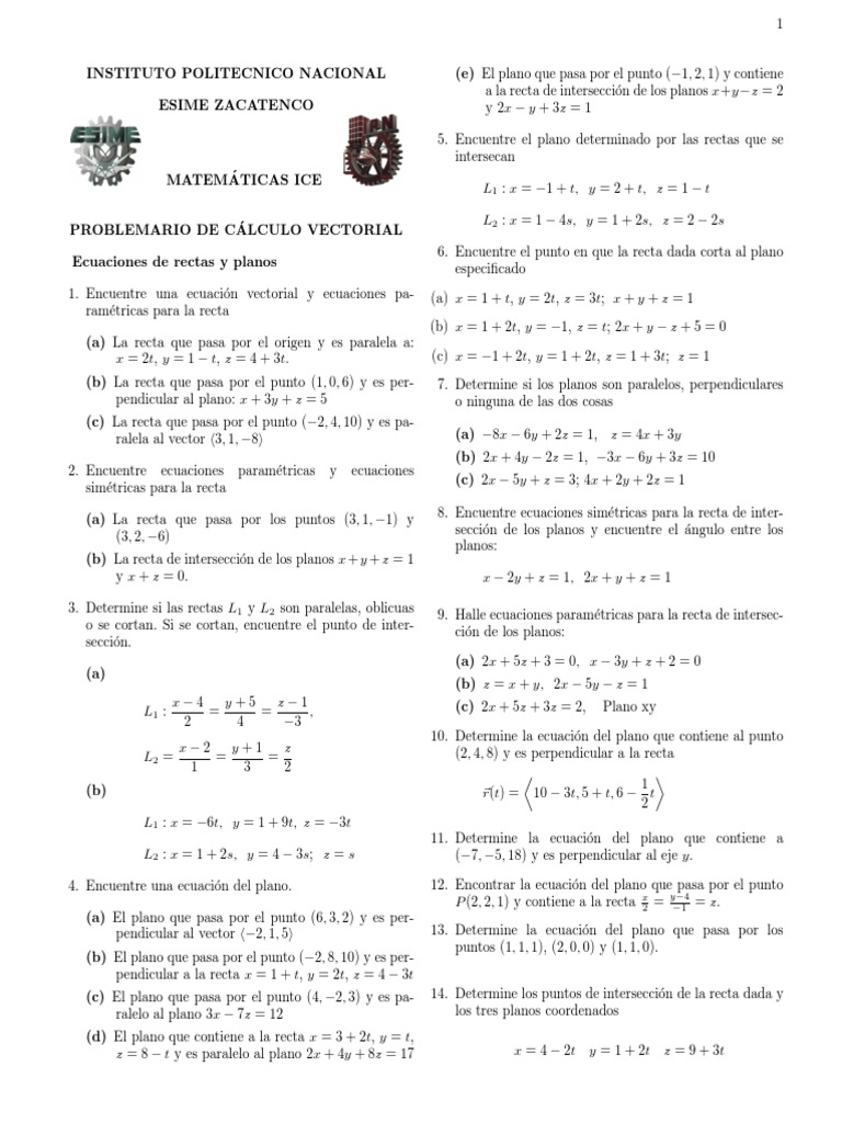 Problemario de Cálculo Vectorial | PDF | Línea (geometría) | Geometria plana)