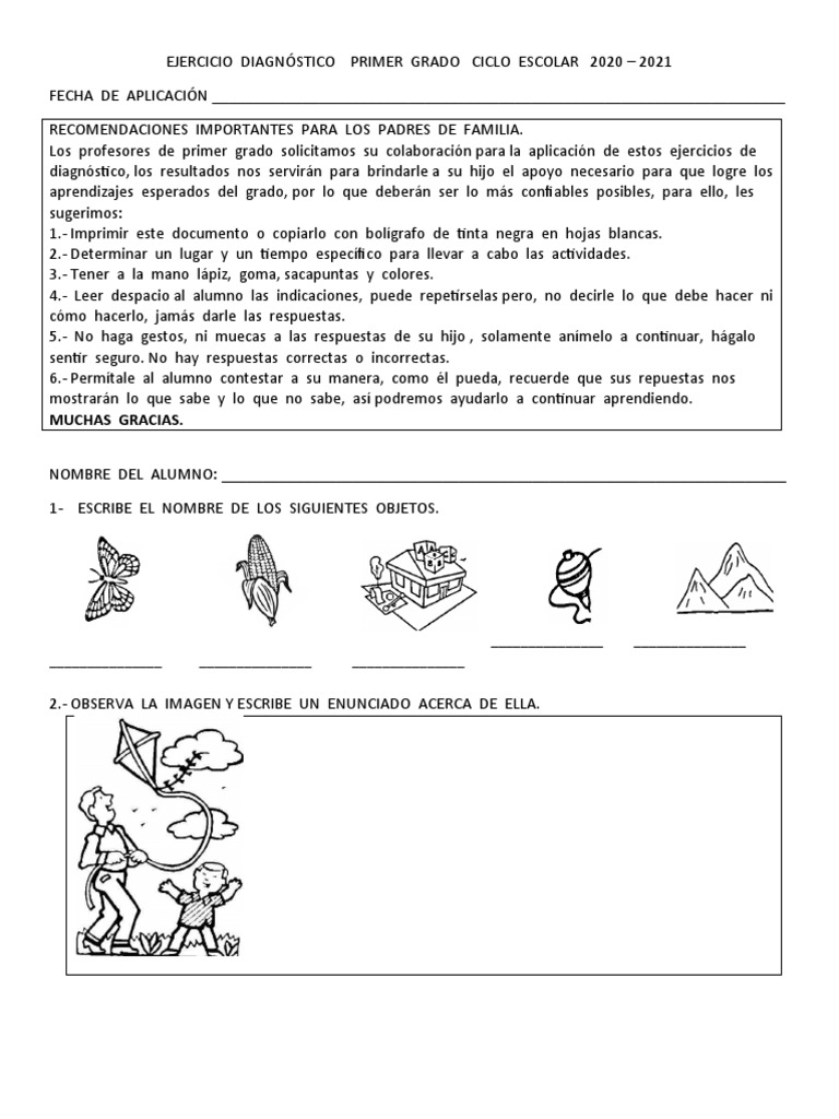 Examen Diagnóstico Primer Grado Ciclo Escolar 2020 | PDF