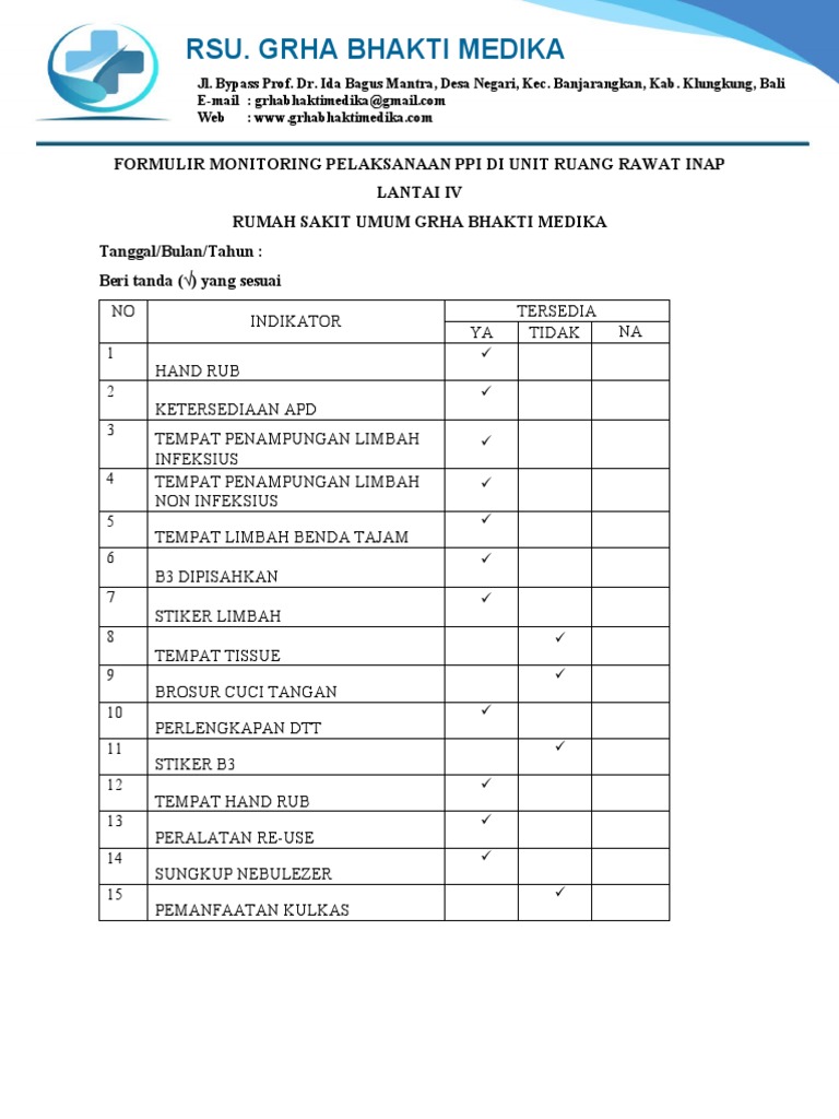 Form Monitoring Ruang Rawat Inap Lantai 4 Ipcn Rsugbm 2022 | PDF