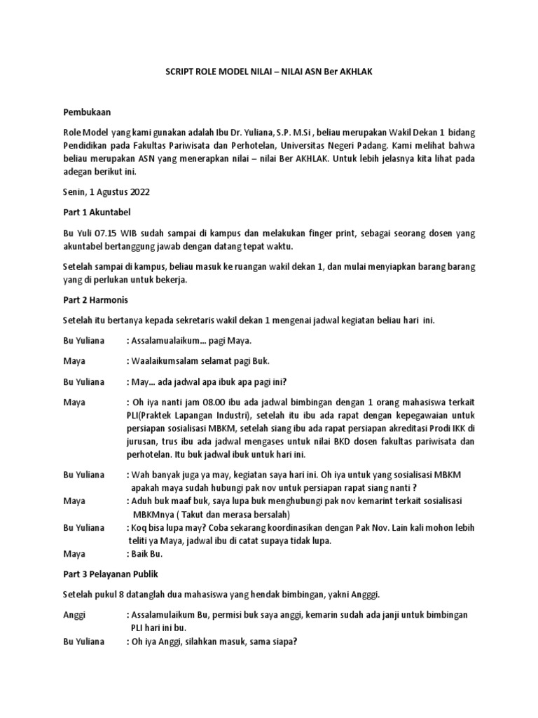 TUGAS LATSAR SCRIPT ROLE MODEL NILAI ASN Ber AKHLAK | PDF