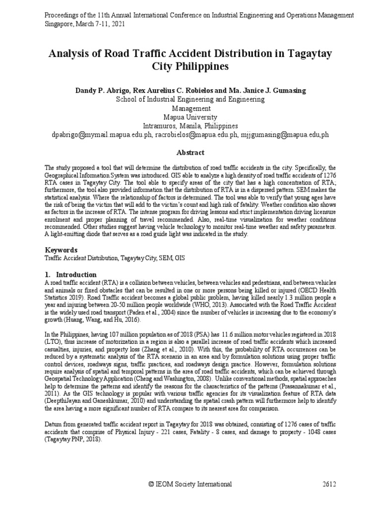 Analysis of Road Traffic Accident Distribution in Tagaytay City ...