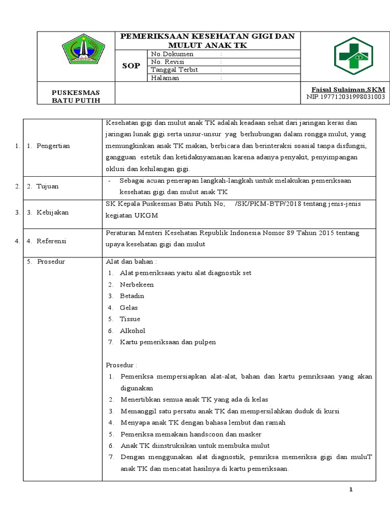 Sop Pemeriksaan Gigi Dan Mulut Anak TK | PDF | Pengembangan Diri | Kesehatan Holistik