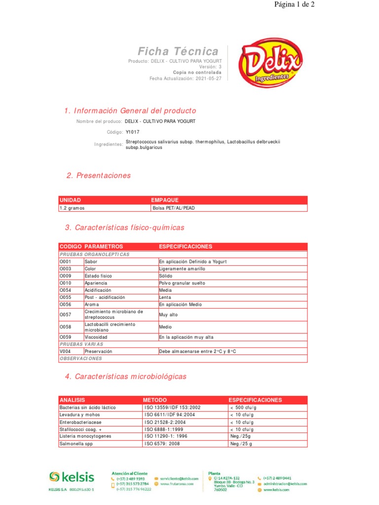 Ficha Tecnica Cultivo para Yogurt Delix. | PDF | Yogur | Comida y bebida