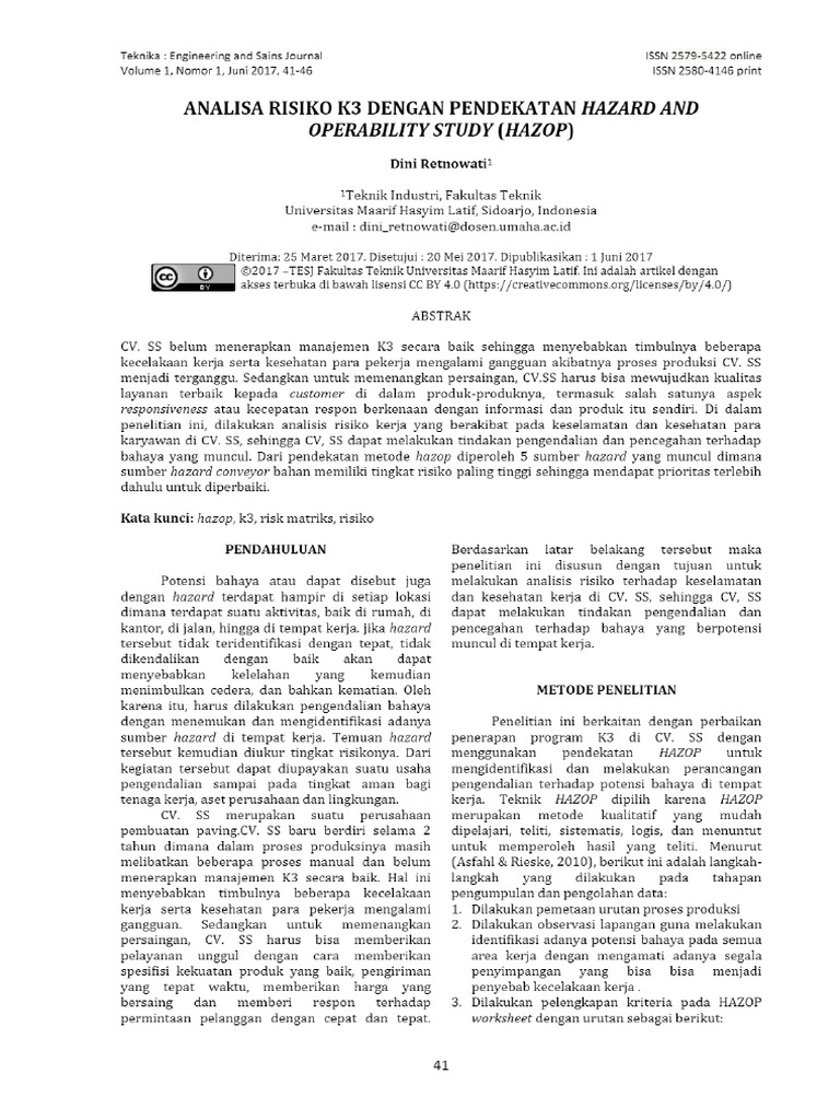 ANALISA RISIKO K3 DENGAN PENDEKATAN HAZARD AND OPERABILITY STUDY (HAZOP) - PDF | PDF